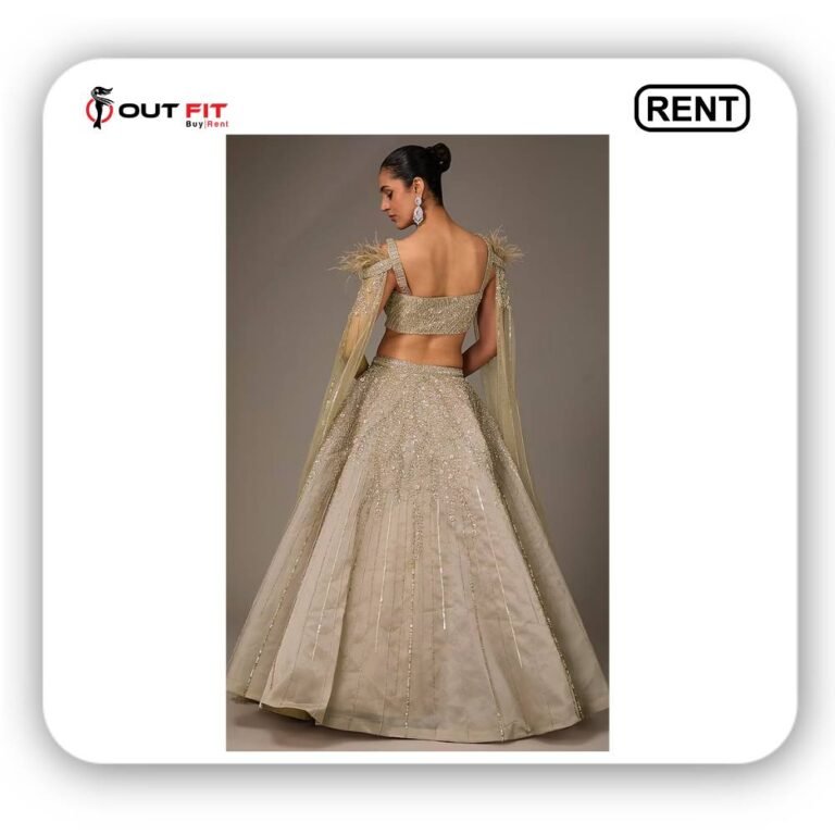 Beige Organza Sequins & Cutdana Embroidered Lehenga Set On Rent