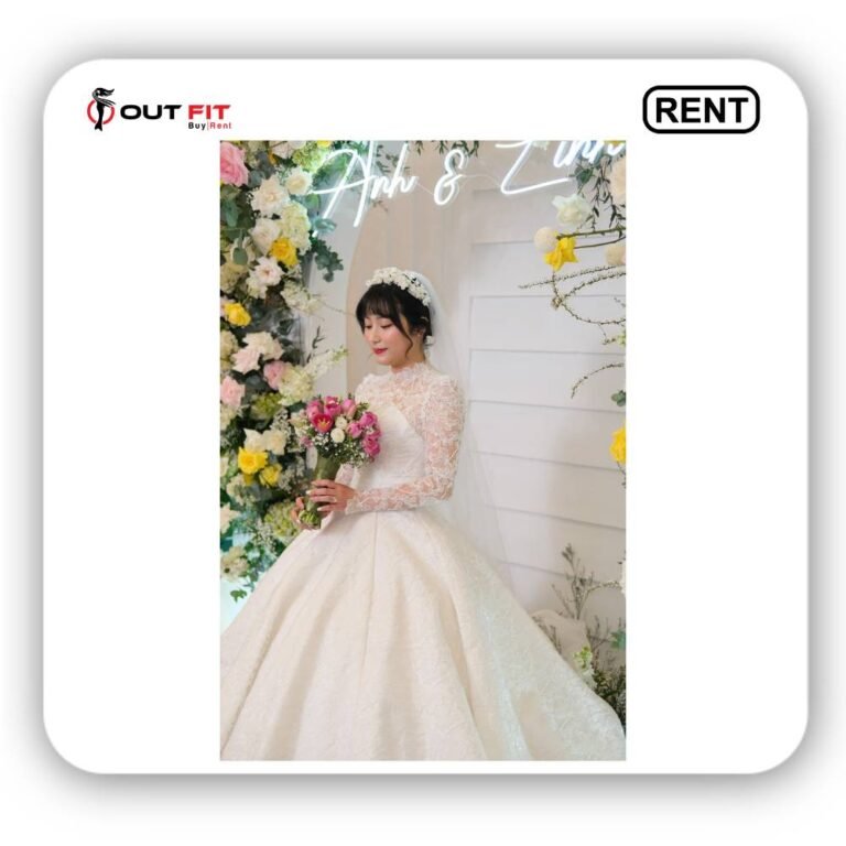 Off White Classic High Neck Wedding Ball Gown on Rent
